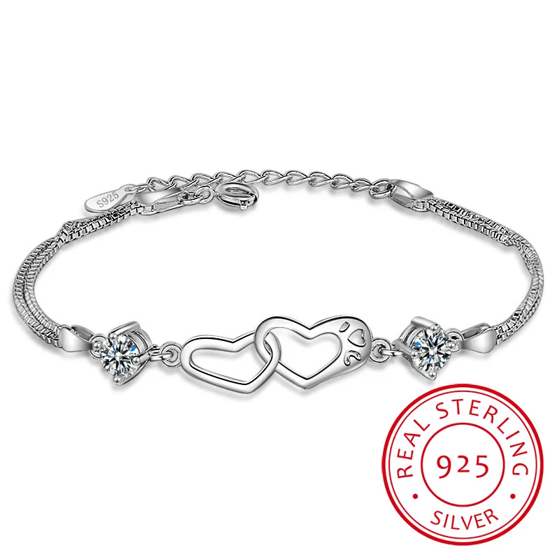 925-Sterling-Silver-Double-Love-Heart-Soulmate-Crystal-Bracelets ...
