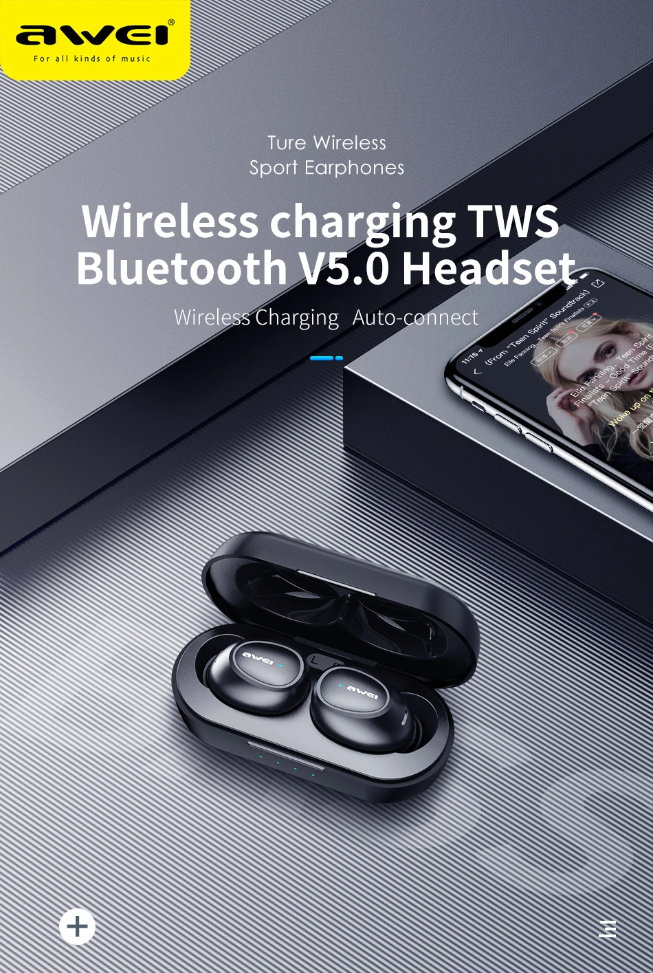 AWEI T16 TWS True Wireless Earbuds Wireless Charging Auto Connect ...