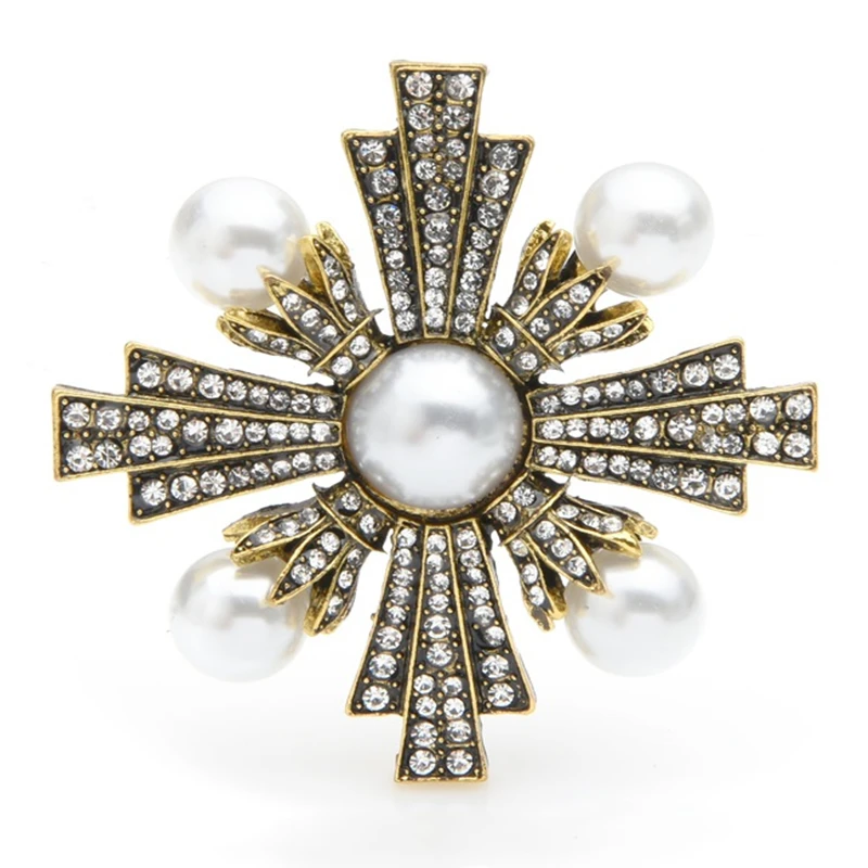 Wuli&baby Vintage Pearl Cross Brooches Women Retro Rhinestone Cross ...