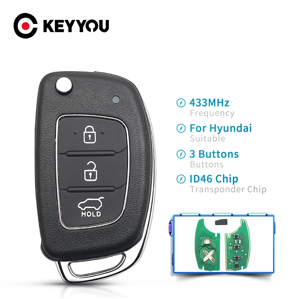 KEYYOU Flip Folding Remote Key 3 Button 433Mhz Transponder Chip ID46 ...