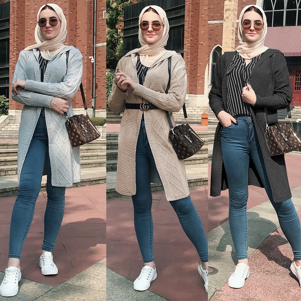 Cárdigan de punto musulmán informal, sudaderas con capucha Abaya, Hijab ...