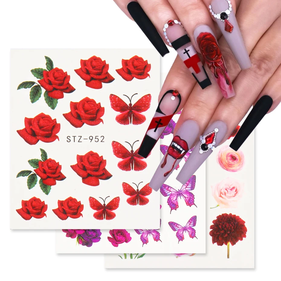 Red Rose Sticker For Nails Manicure Flowers Butterfly Water Transfer ...