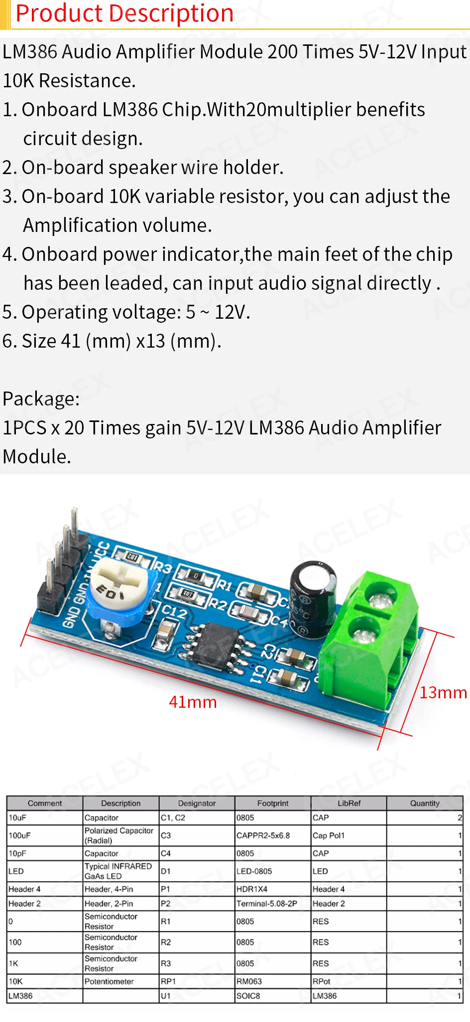 Amplificateur Audio LM386 5V-12V, 200 fois Gain, Module 10K, résistance ...