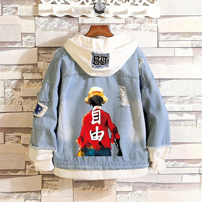 One Piece Luffy Denim Jacket Hooded Zipper Coat - Crazy Anime Store