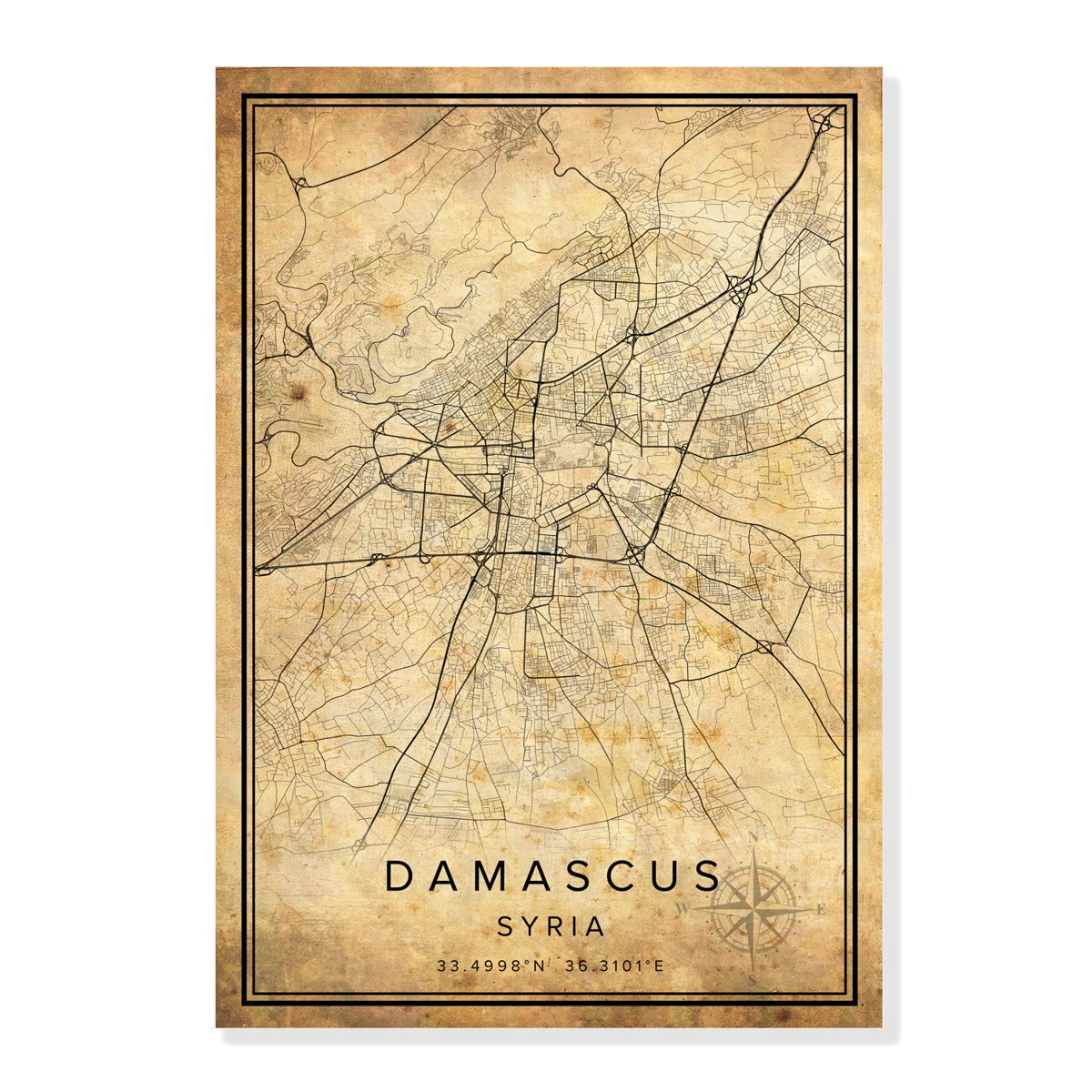 DAMASCUS City Vintage Map Print Syria City Road Map Poster Canvas Wall ...