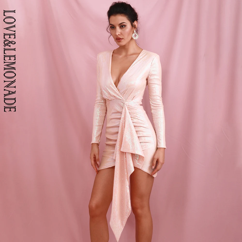 LOVE& LEMONADE сексуальные розовые с глубоким v-образным вырезом ленты складки Блестки Bodycon ...