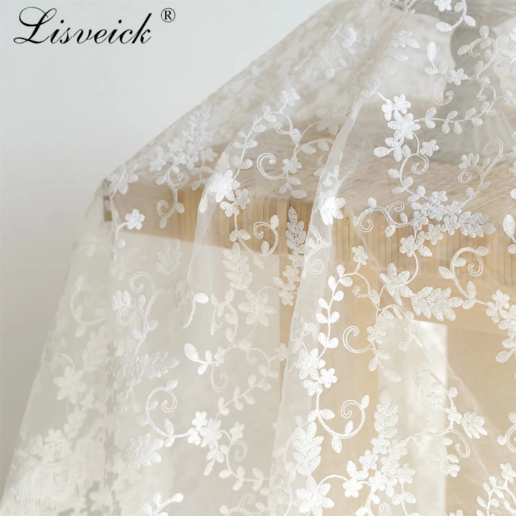 Tissu organza blanc brodé en fil de soie, 1yard, robe de mariée en ...