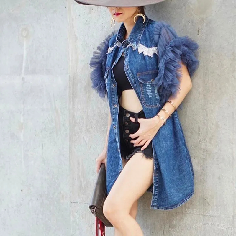 2019 Fall Patchwork Mesh Lantern Sleeve Jeans Jackes Women Clothing ...