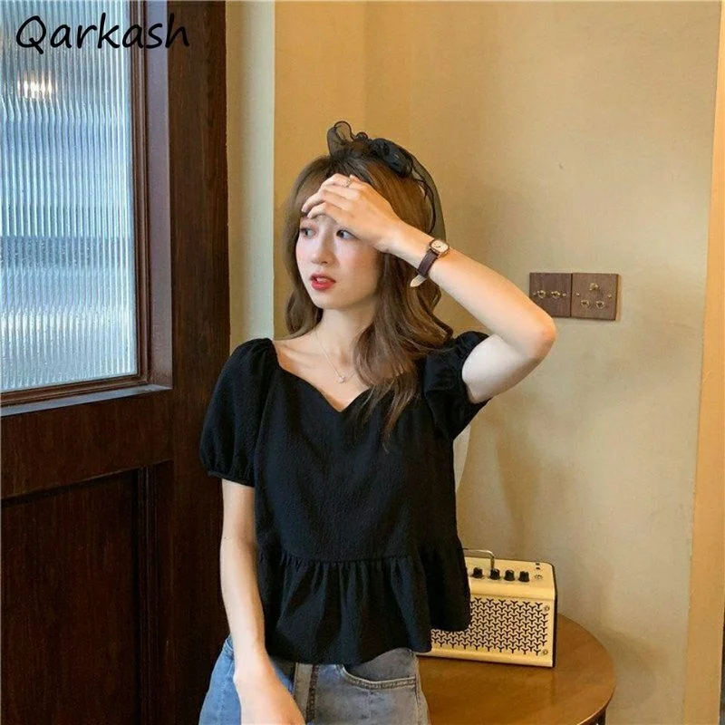 Short-Sleeve-T-shirts-Women-Girls-Cute-Pure-Simple-Tops-Tees-V-neck ...