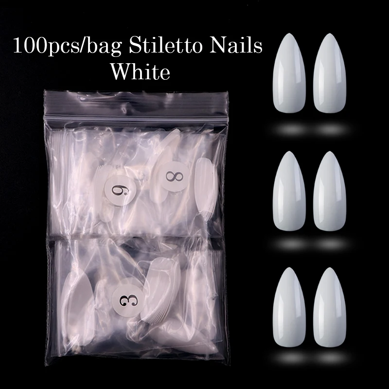 100pcs/opp White/natural/clear Nail Tips Long Stiletto Nails Fake Full ...