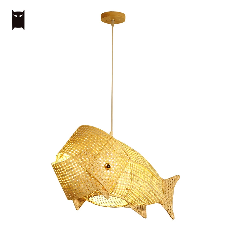 Natural-Bamboo-Wicker-Rattan-Fish-Pendant-Light-Fixture-Art-Deco-Style ...