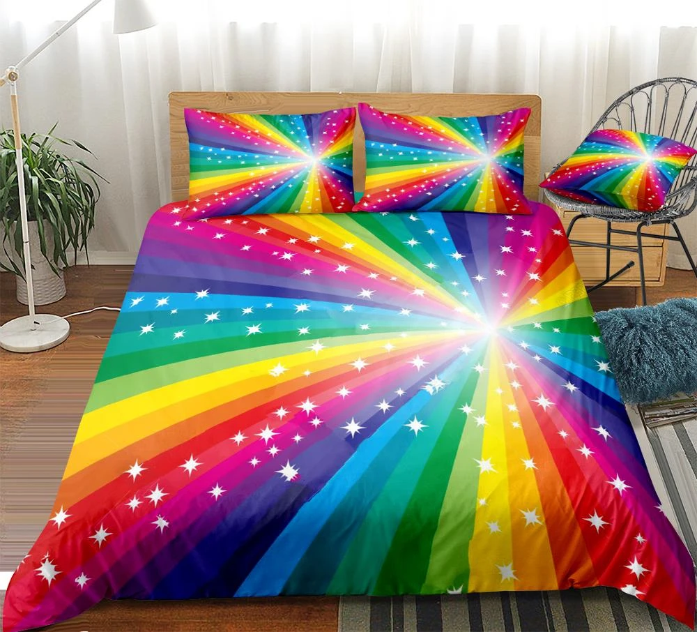 Rainbow Bedding Set Stars Bed Linen Colorful Duvet Cover Set Rainbow ...