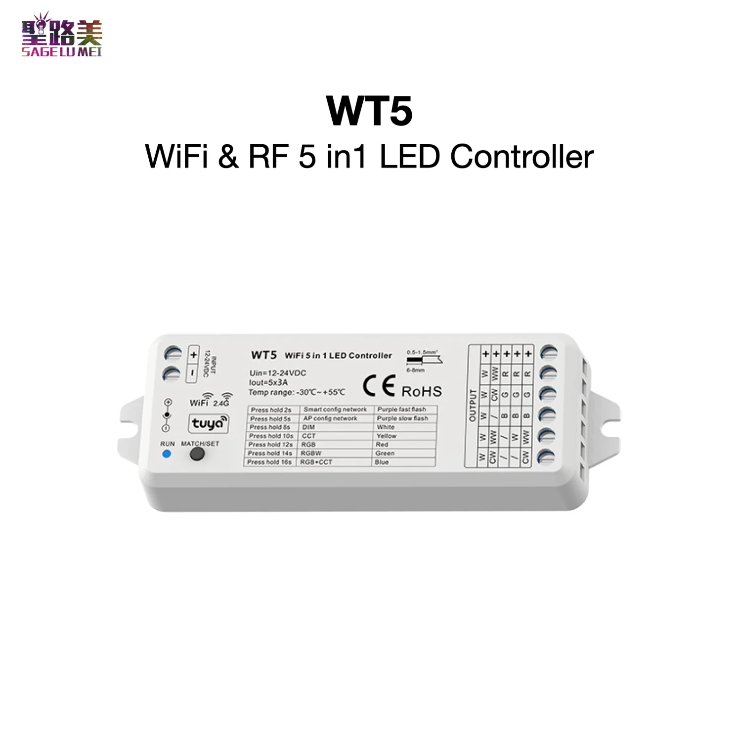 WT5 WiFi & RF 5 in1 LED Controller DC 12-24V Tuya APP Cloud / Voice ...