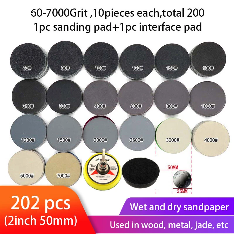 202pcs Wet Dry Sandpaper Assortment 60-7000 Grit Sanding Disc 2" 50mm ...