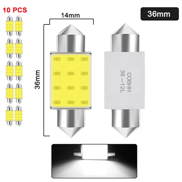 10 PCS C5W LED Bulb C10W Festoon 31/36/39/41/42mm 12V COB 7000K White Car Interior Dome Reading ...