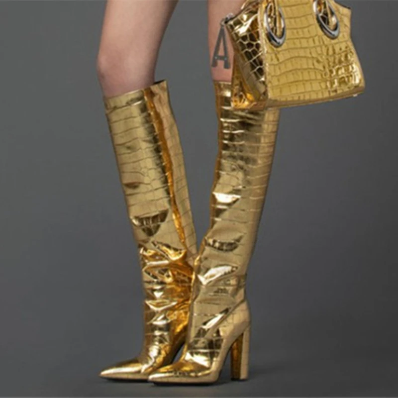 2021-New-Model-Dress-Heel-Boots-Stone-Print-Pointed-Toe-Gold-Slip-on ...