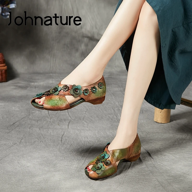 Johnature Sandalias Retro de cuero genuino para mujer, zapatos planos con flores ...