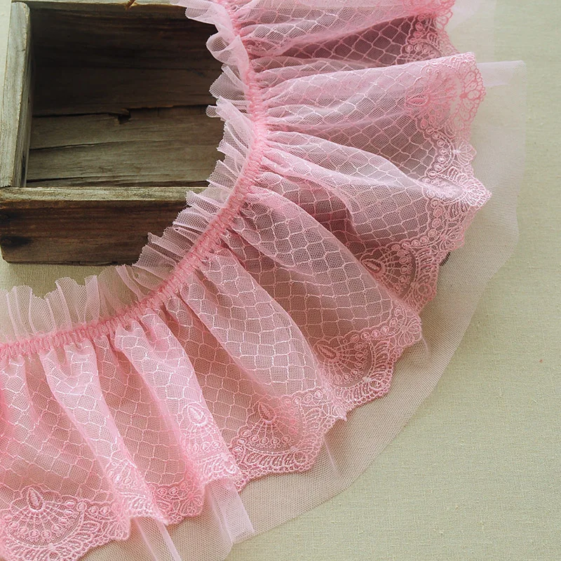 3 Meters Pink 3D Pleated Stretch Lace Ruffle Trim 18 CM Wide Embroidery ...