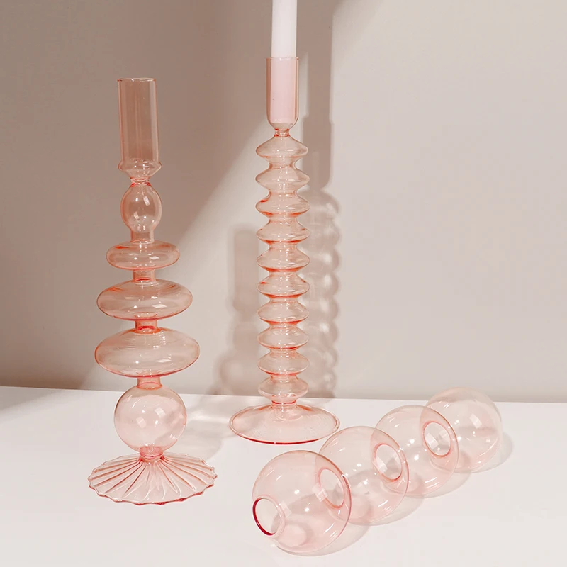 Portavelas de cristal rosa para decoración del hogar, soporte Retro ...