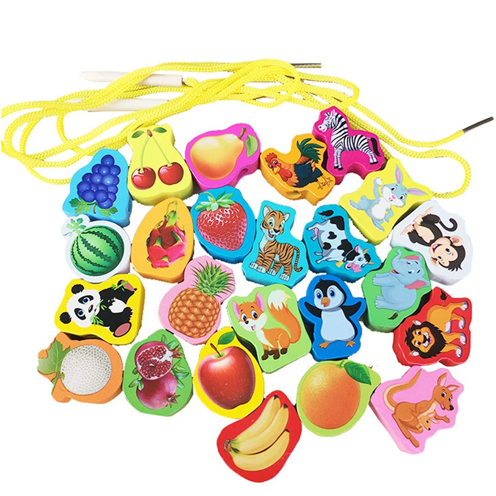 Wooden Stringing Beaded Toys, Diy Cartoon Animal Fruit Geometry ...