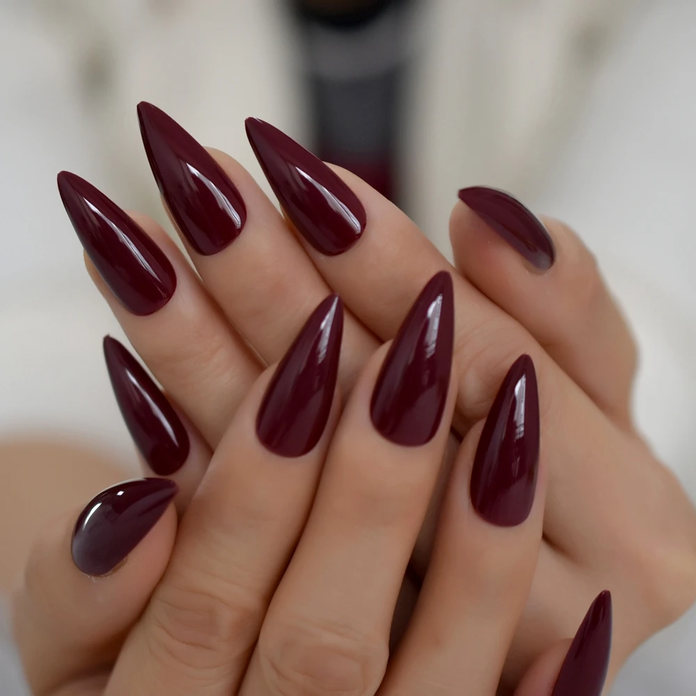 Kit faux ongles,Faux embouts stiletto pointus en gel rouge marron avec ...