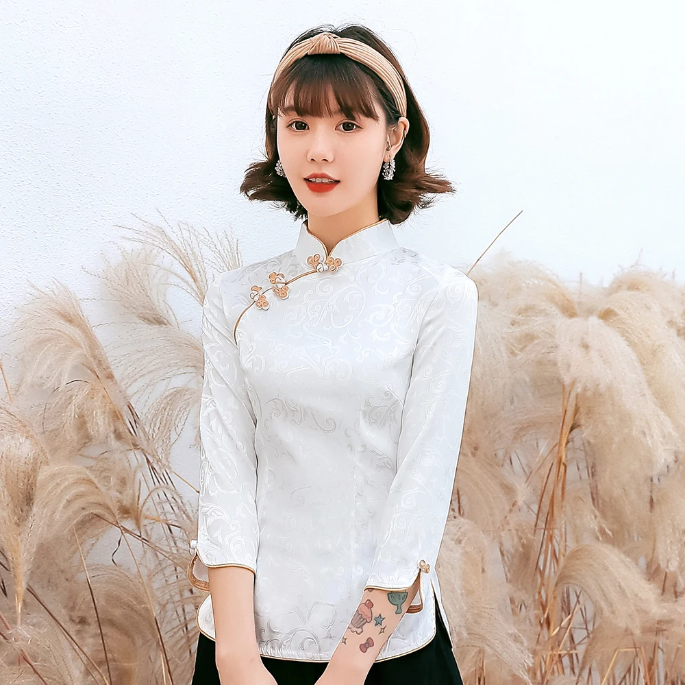 Novelty White Printed Blouse Elegant Satin Chinese Women Mandarin ...