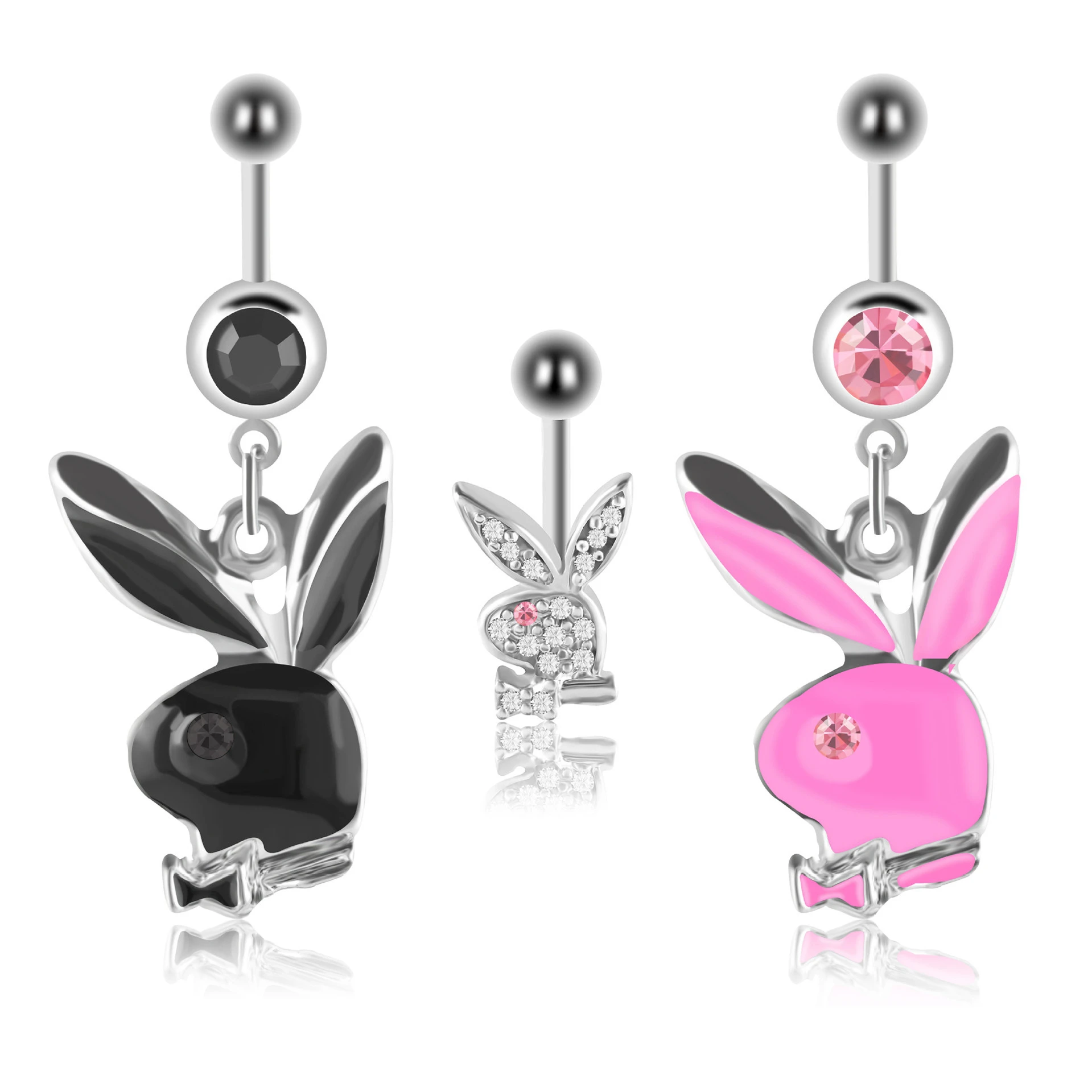 Black/white/pink Zircon Lovely Rabbit Pendant Belly Button Ring ...
