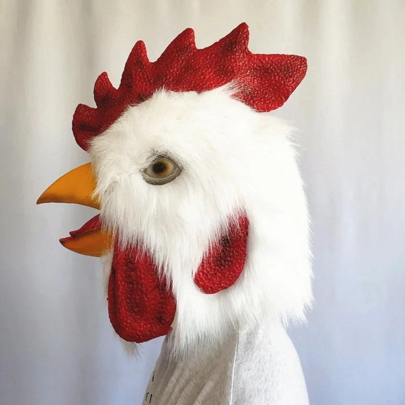 White Plush Rooster Headgear Latex Mask Chicken Head Funny Animal Dress ...