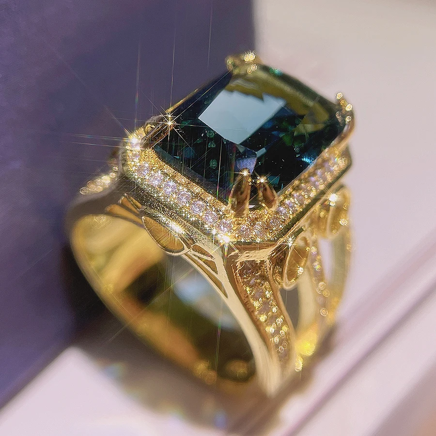 Luxury S925 Geometric Square Rings For Women Men Big Blue Stone Wedding ...