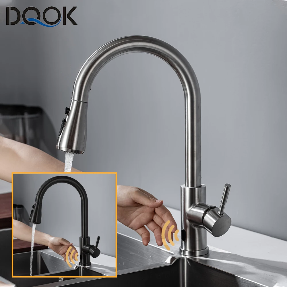 Smart Touchless Kitchen Faucet Brushed Poll Out Infrared Sensor Faucets ...