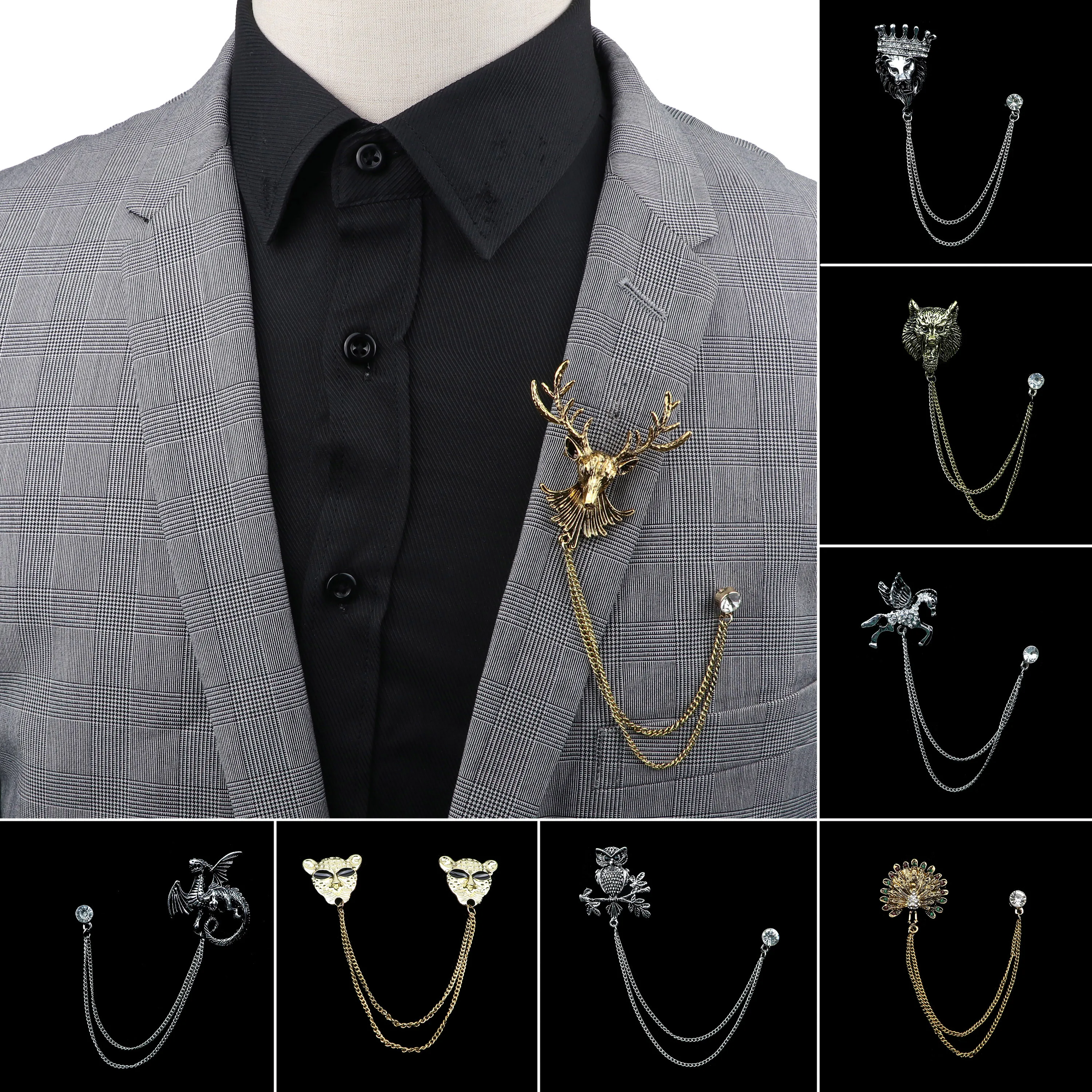 Man-Tassel-Chain-Lapel-Pin-Suit-Shirt-Collar-Brooch-Dragon-Deer-Leopard ...