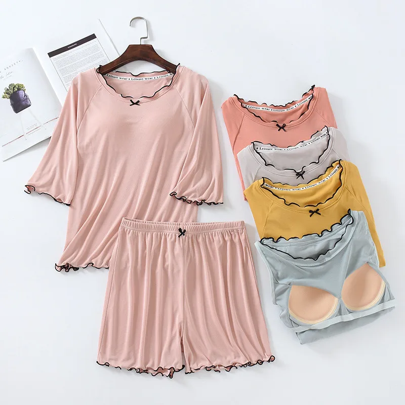 Sexy-Bra-Padded-Pajamas-For-Women-Half-Sleeve-Shorts-Sleepwear-Set ...