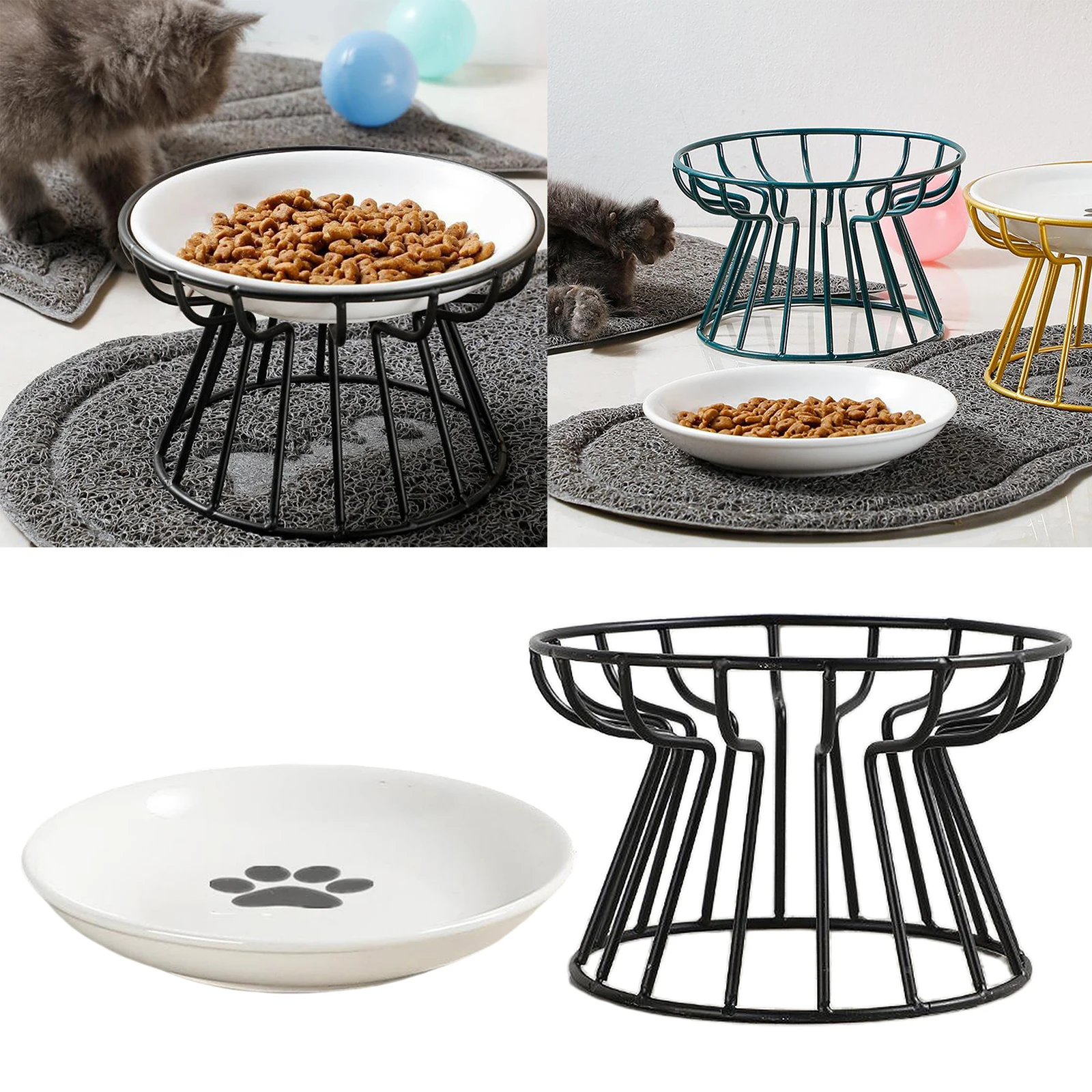 Ceramic-Cat-Elevated-Bowls-Raised-Food-W-Iron-Stand-For-Small-Pet-Cat ...