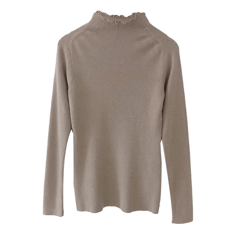 Ribbed-Mock-Neck-Raglan-Sleeve-Frilled-Sweater-Women-Knitted-Pullover ...