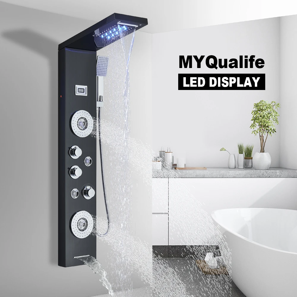 Schwarz LED Dusche Panel Wasserfall Regen Dusche Wasserhahn Set SPA ...
