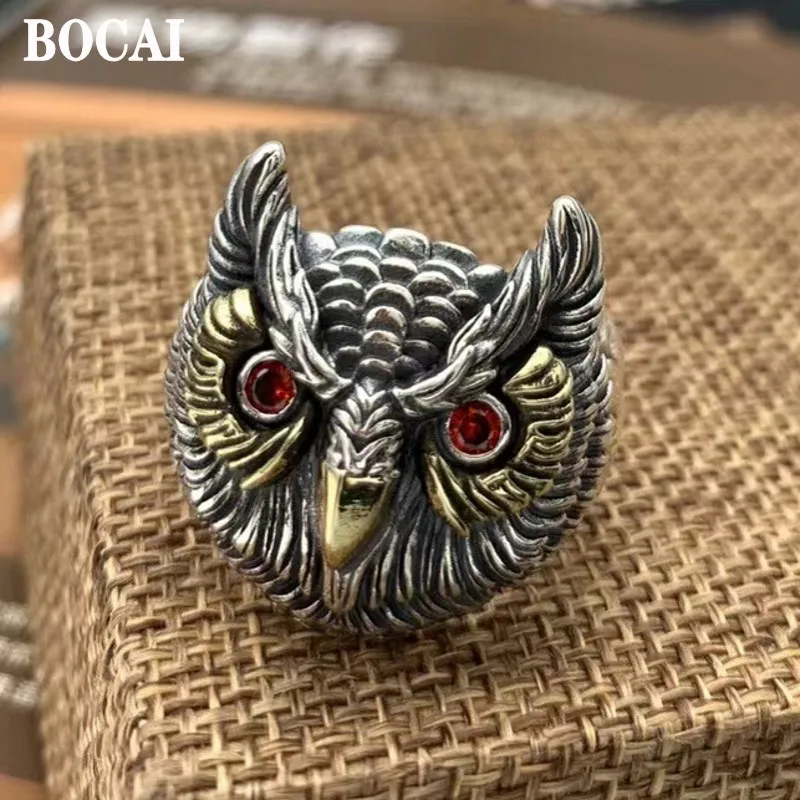 BOCAI Anillo de plata de primera ley con forma de búho guardián para ...