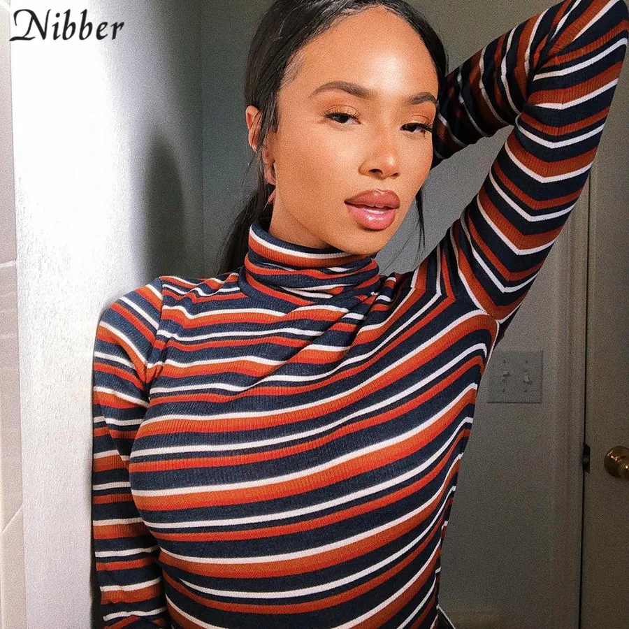 NIBBER осень зима с высоким воротником полосатый вязаный тонкий Топ ...