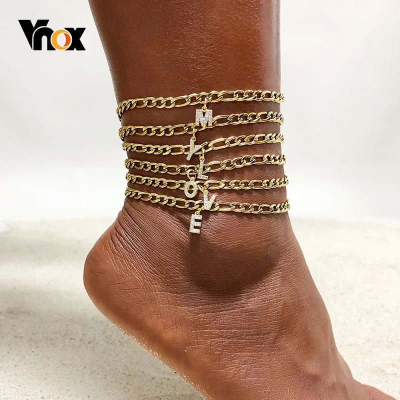 Vnox Bling A-z Initial Charm Women Anklet, Solid Gold Tone Stainless ...