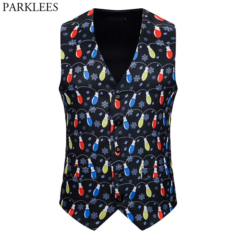 Black Christmas Men Vests Small Bulbs Printed Mens Waistcoat Slim Fit ...