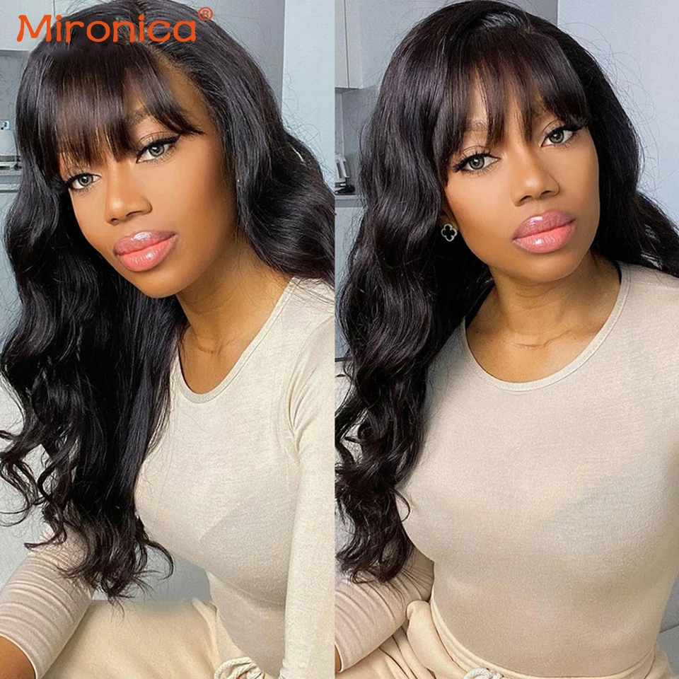 Body Wave Human Hair Wig Full Machine Made Wig With Bangs Natural Color ...
