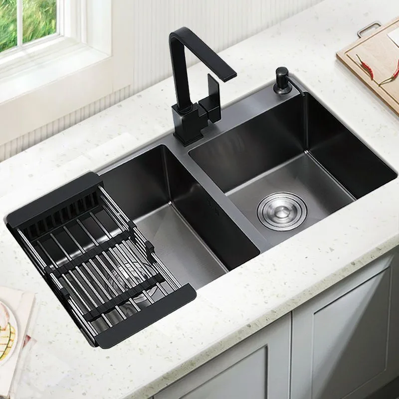 Hitam Kitchen Sink Double Buatan Tangan Stainless Steel Mulus ...