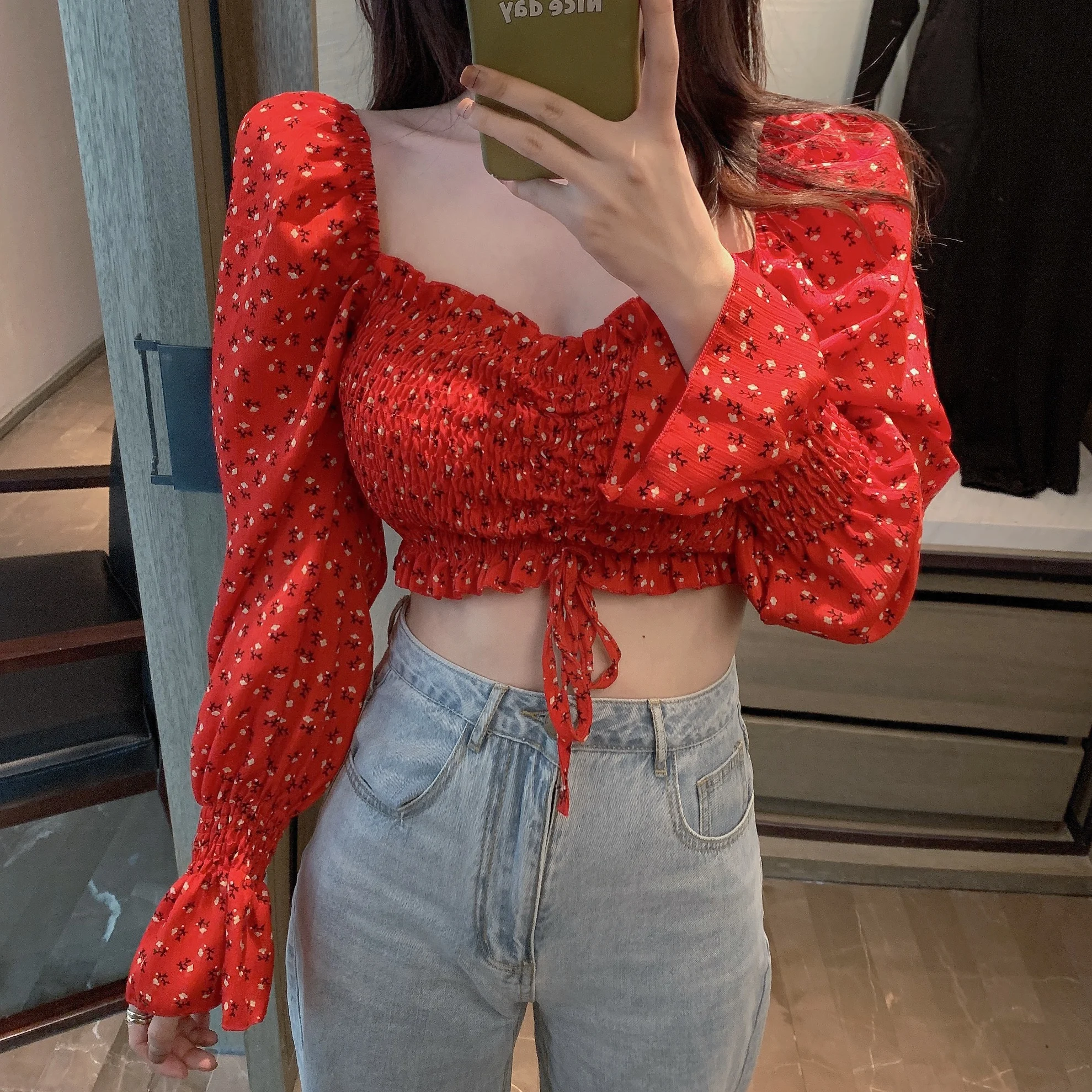 MUMUZI короткий дизайн пупка шифоновая рубашка дизайн квадратный ...