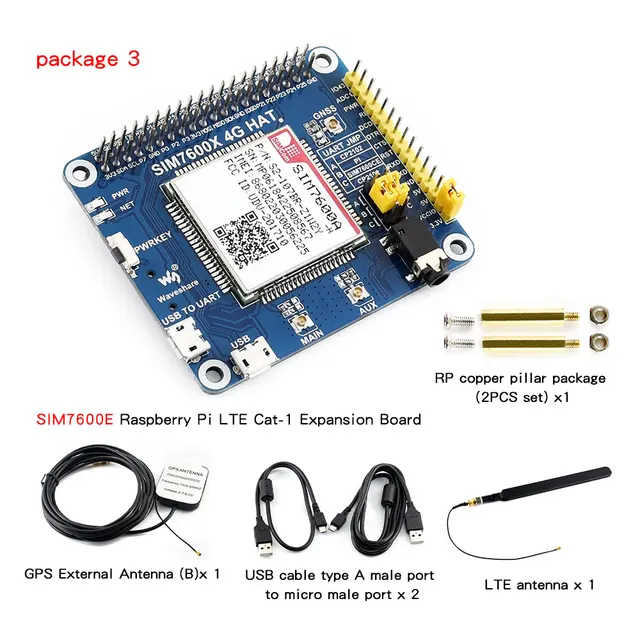 SIM7600E-H SIM7600G-H SIM7600CE 4G HAT 4G / 3G / 2G / GSM / GPRS / GNSS ...