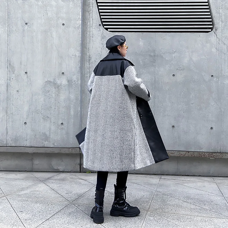 [EAM] свободное серое шерстяное пальто из искусственной кожи с разрезом ...