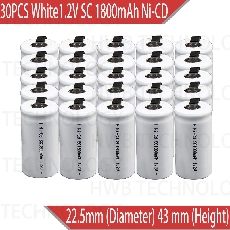 Baterías recargables de ni cd, pilas recargables de color blanco, Sub C SC, 1,2 V, 1800mAh, 30 ...