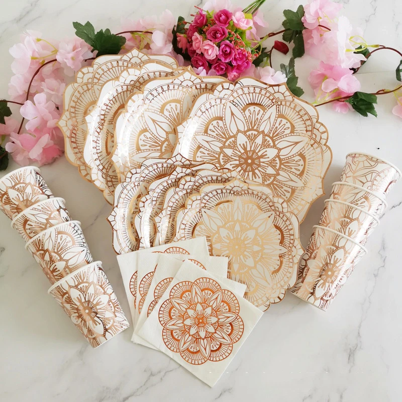 8pcs/lot Flower Rose Gold Paper Plates Birthday Party Dishes Pastel ...