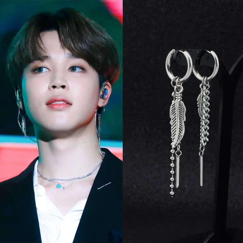 Idol KPOP DNA Korean Boys Stainless Steel Stud Earrings Feather Long ...