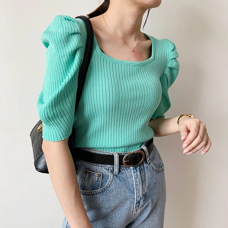 Knitted Bubble Short Sleeve T shirts Women Top Square Collar Tee Shirt ...