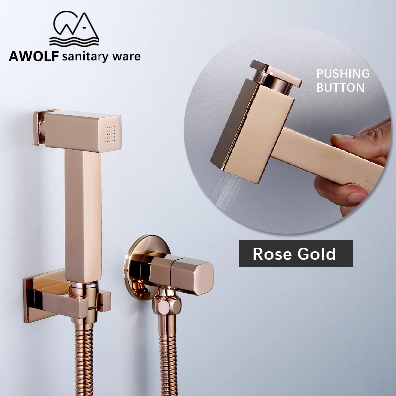 Rose Gold Hand Held Toilet Bidet Sprayer Douche Kit Solid Brass Square ...