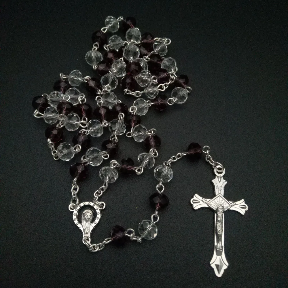 CHAPELET,8-Red--Collier chapelet en croix, perle de cristal, collier ...